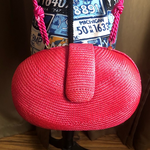 Bags | Vintage Hard Shell Hot Pink Woven Crossbody Rope Strap Purse ...
